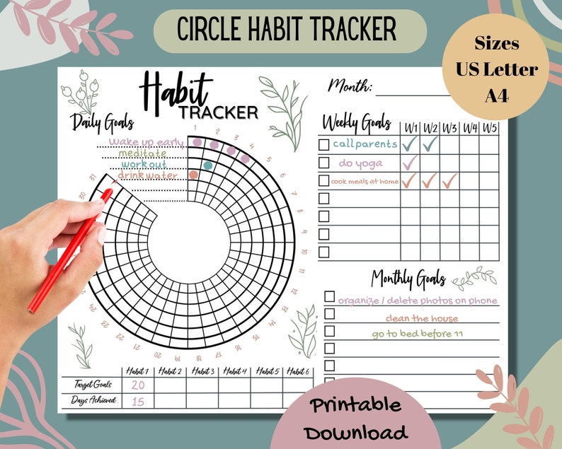Monthly Habit Tracker Printable, Circle Daily Habit Tracker Printable ...
