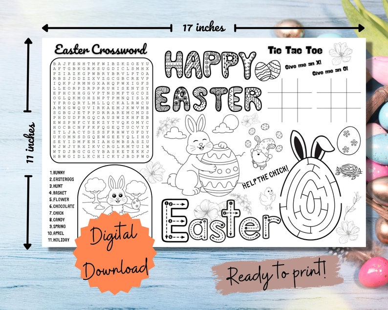 Easter Coloring Placemat for Kids, Easter Coloring Page Craft Activity ...