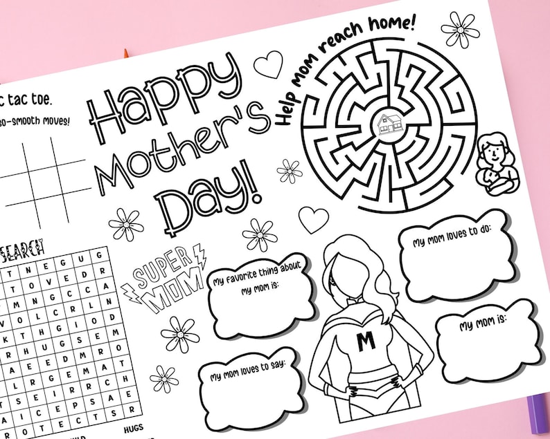 Mothers Day Activity Placemat Printable for Kids, Mothering Sunday ...