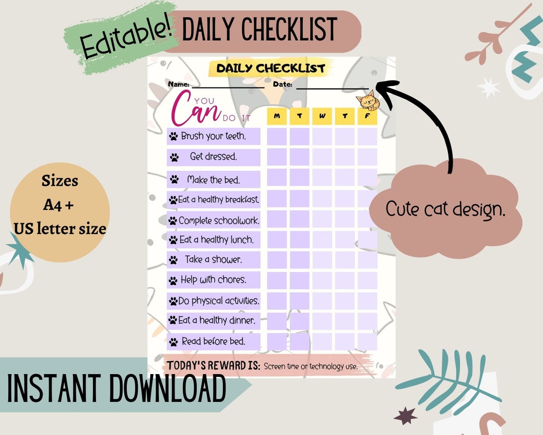 Daily Checklist Printable for Kids, Personalized Chore Chart Printable ...
