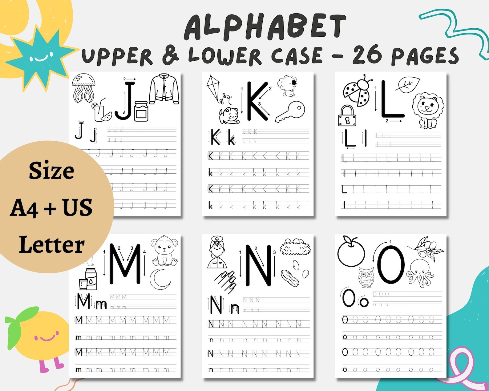 Alphabet Letter Tracing Kids Printable Worksheets, Uppercase Lowercase ...