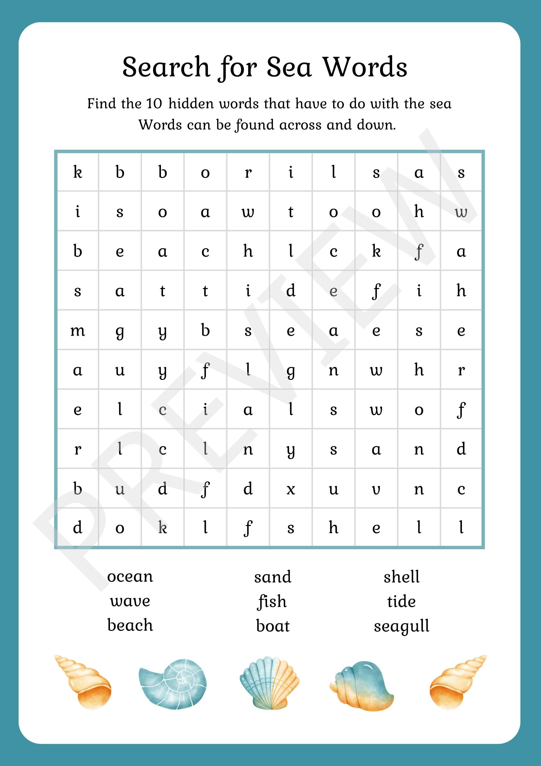 Learn English Word Search Sea Theme Worksheet Classroom Activity ...