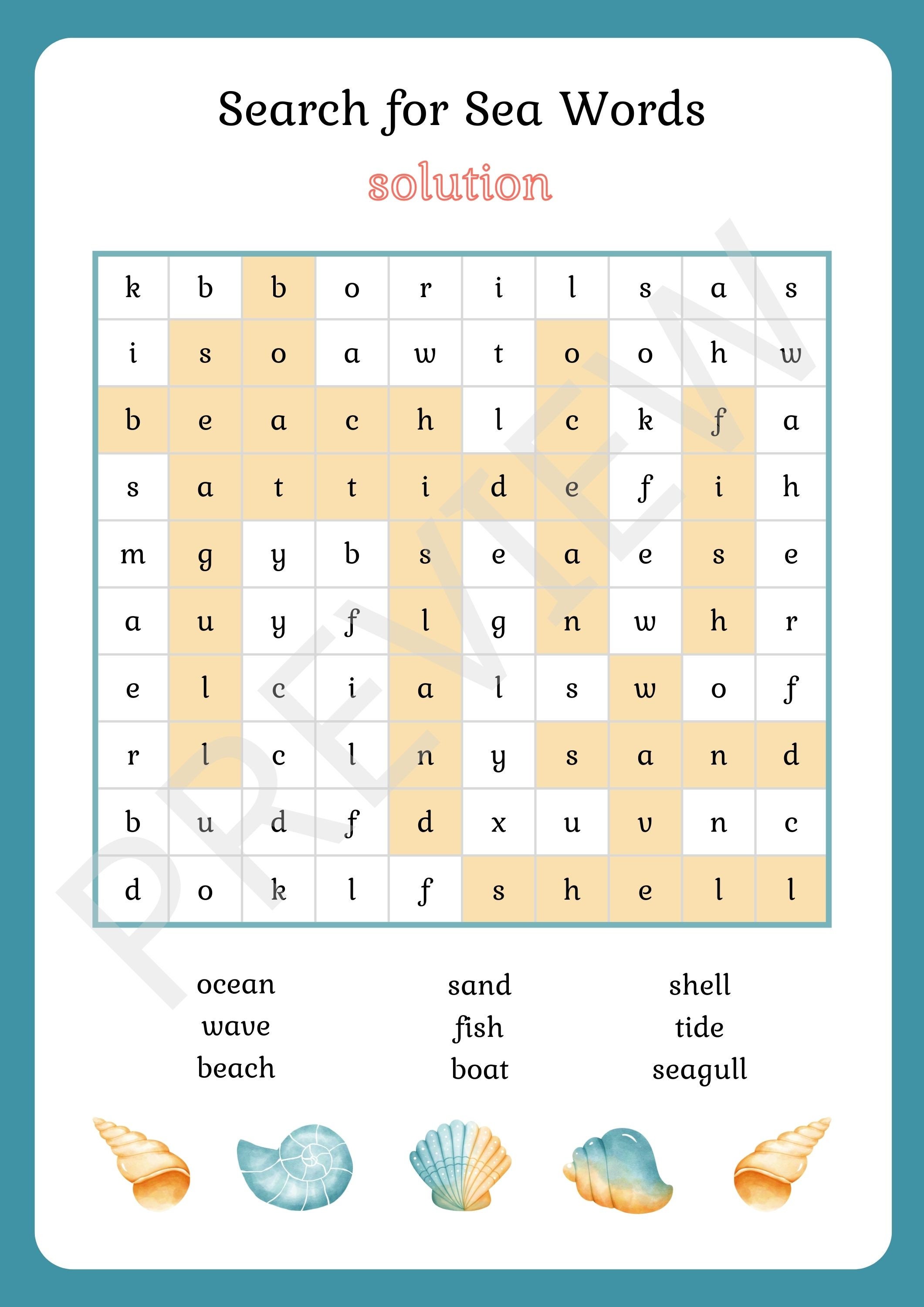Learn English Word Search Sea Theme Worksheet Classroom Activity ...