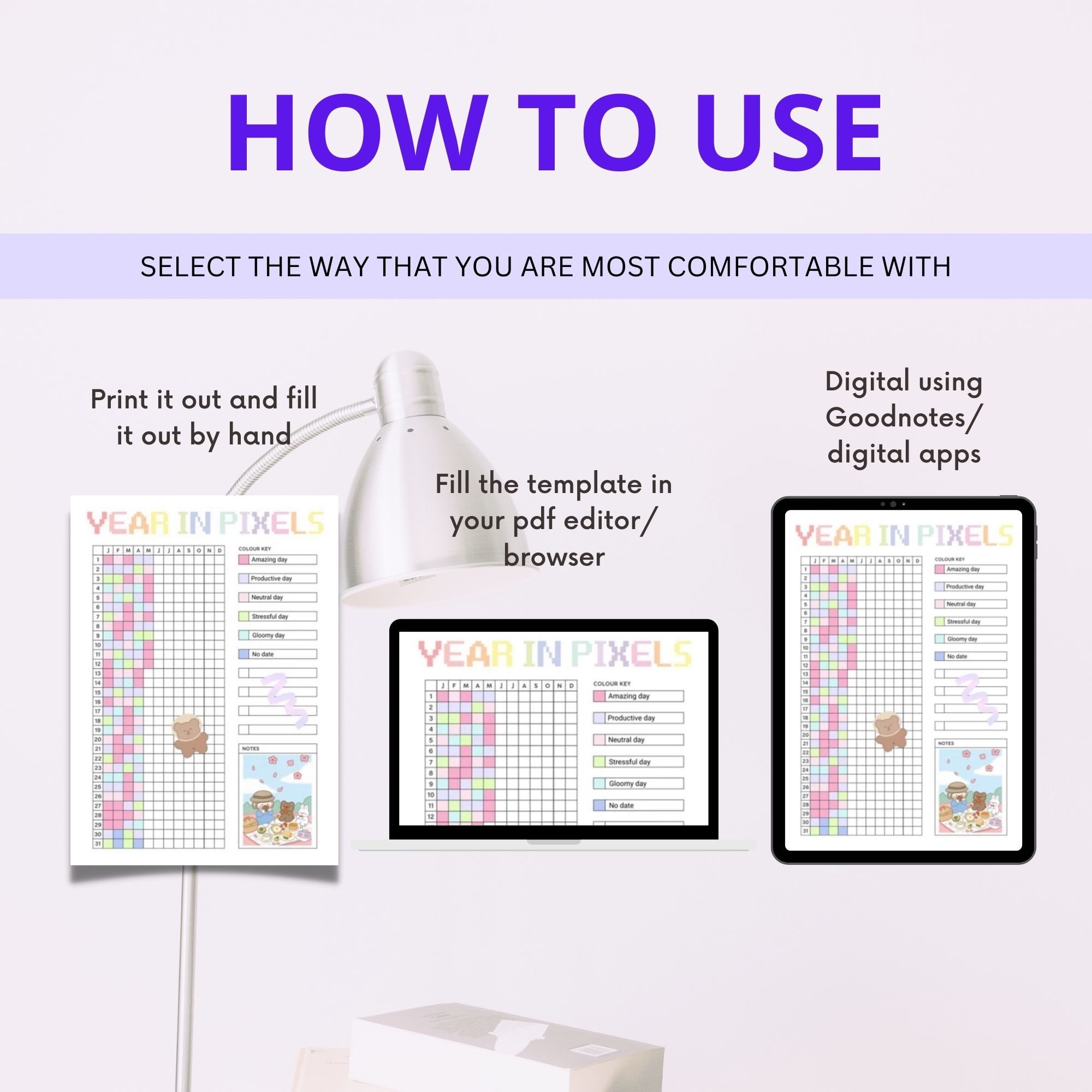 A Year in Pixels Printable, Yearly Mood Tracker Journal, Year in Pixels ...