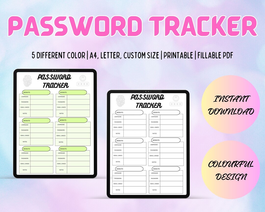 Password Tracker Printable & Fillable PDF, Colourful, Cheap Password ...