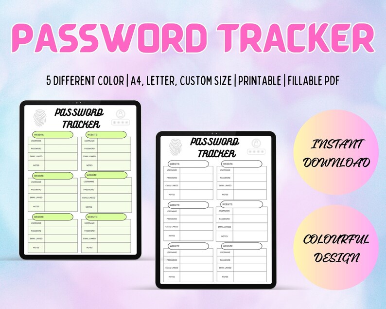 Password Tracker Printable & Fillable PDF, Colourful, Cheap Password ...