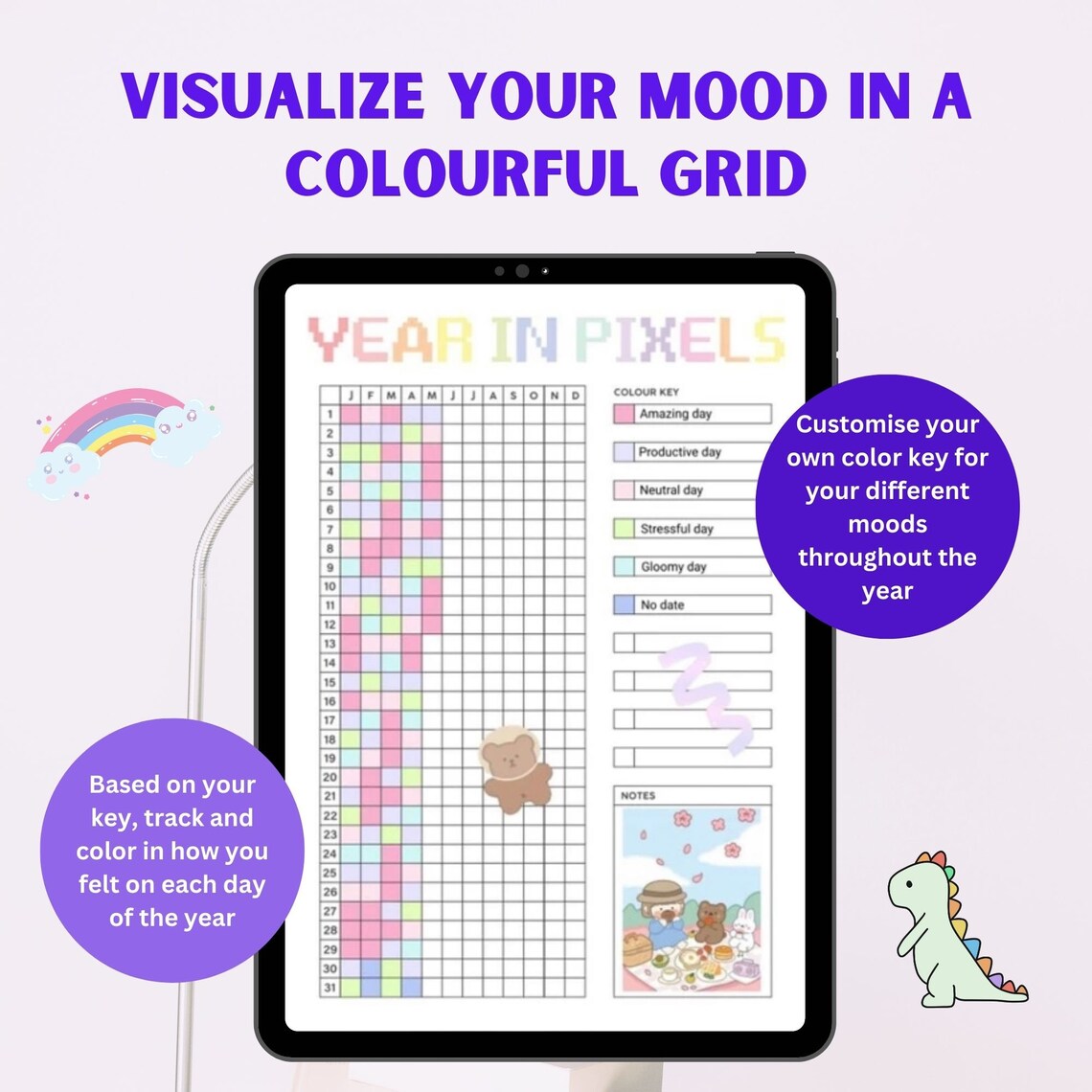 A Year in Pixels Printable, Yearly Mood Tracker Journal, Year in Pixels ...