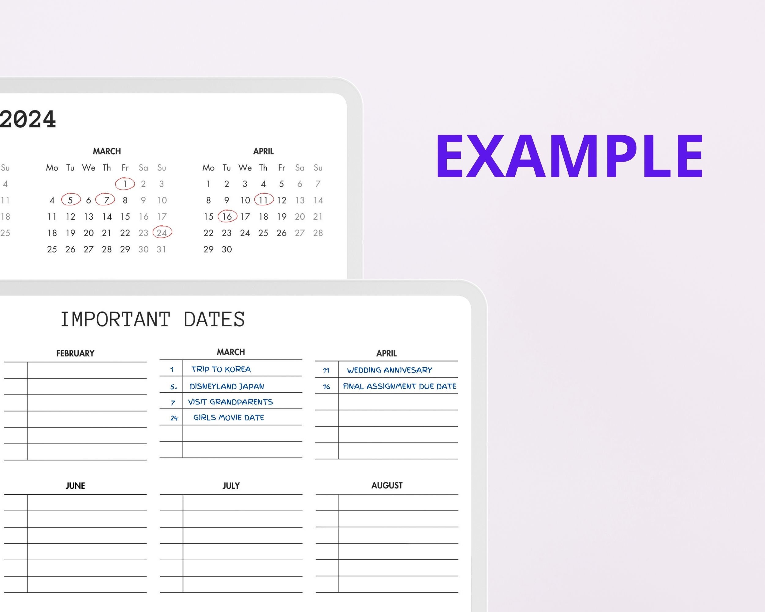 2024 Calendar, Important Dates Page Printable Birthdays, Anniversaries ...