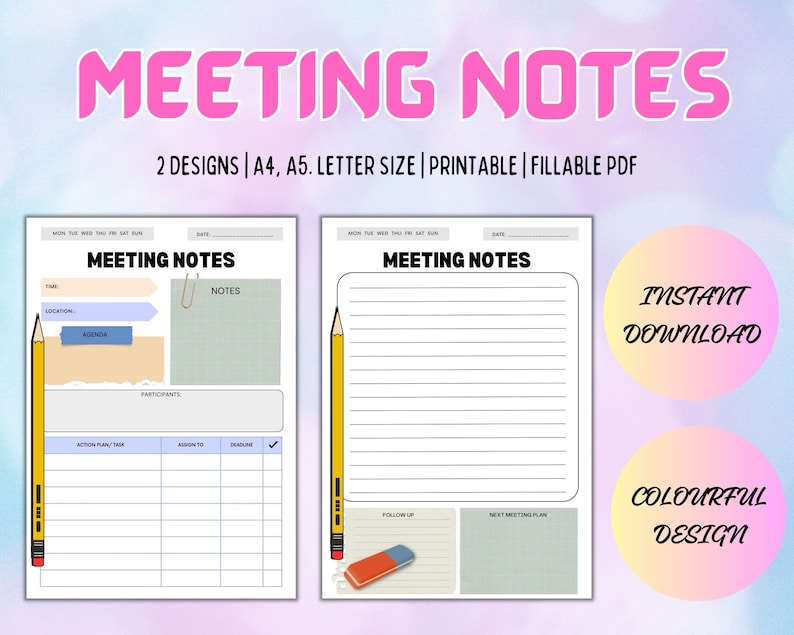 Meeting Notes Printable Template, Cute Design, Meeting Minutes, Meeting ...