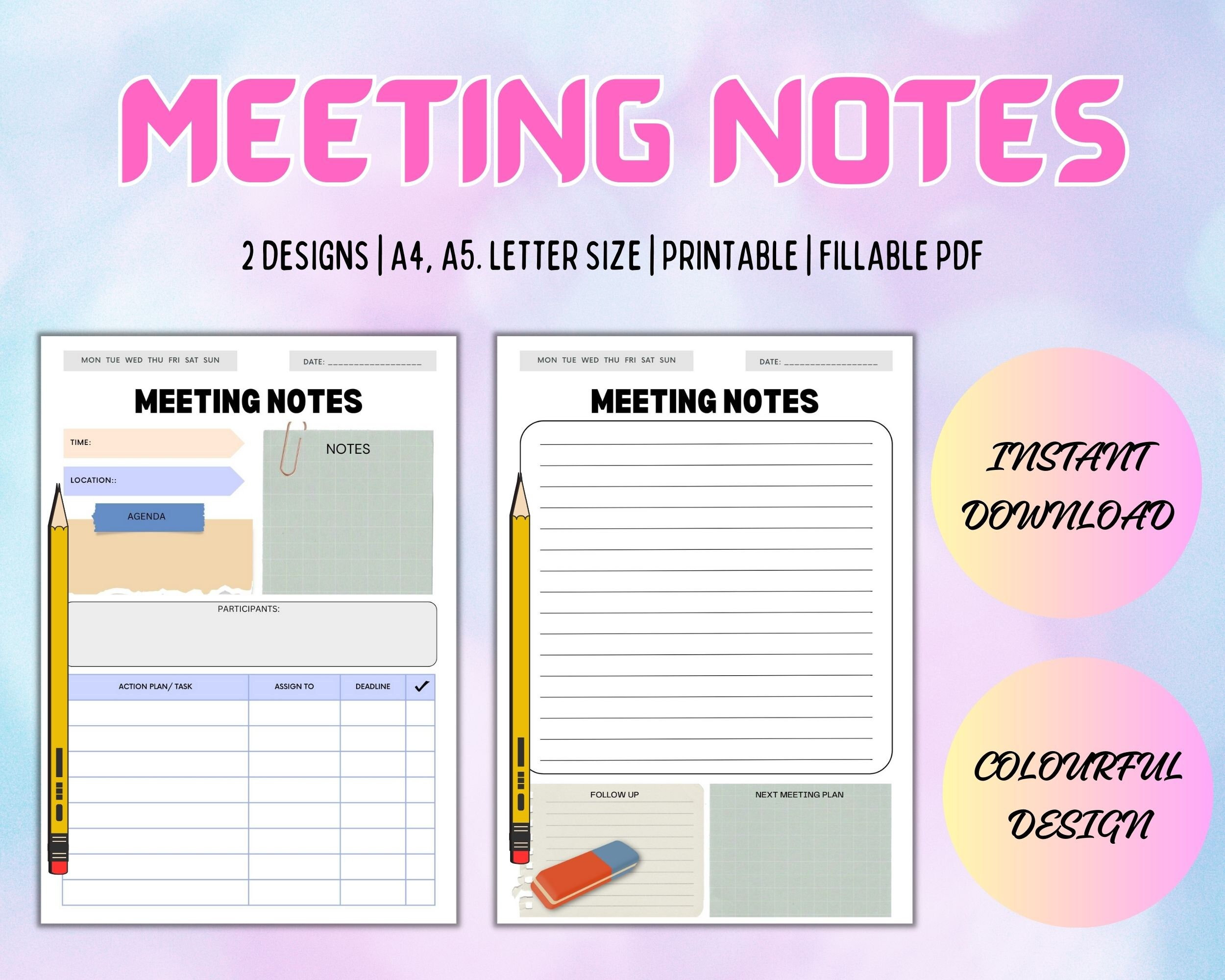 Meeting Notes Printable Template, Cute Design, Meeting Minutes, Meeting ...
