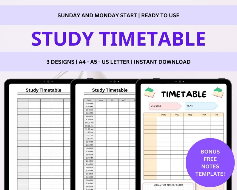 Minimalist Revision Timetable Printable Set Hourly Agenda - Etsy