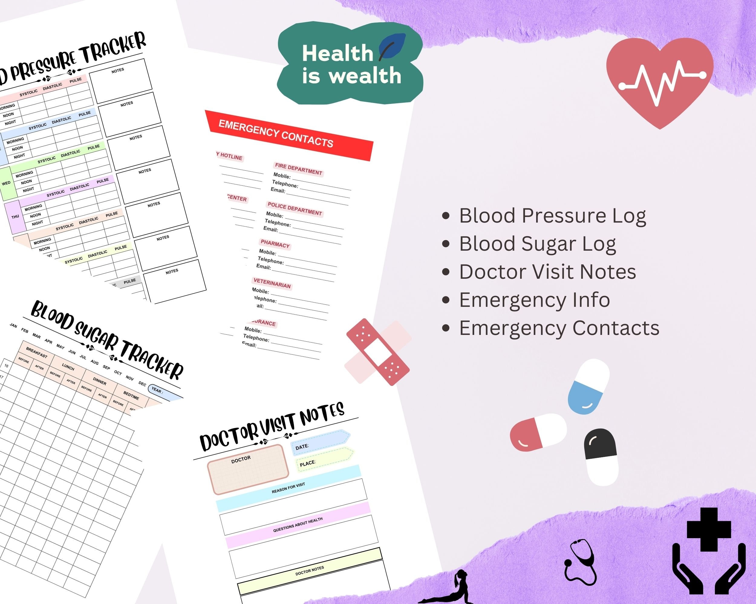 Medical Planner Printable, Blood Pressure Log, Blood Sugar Tracker ...