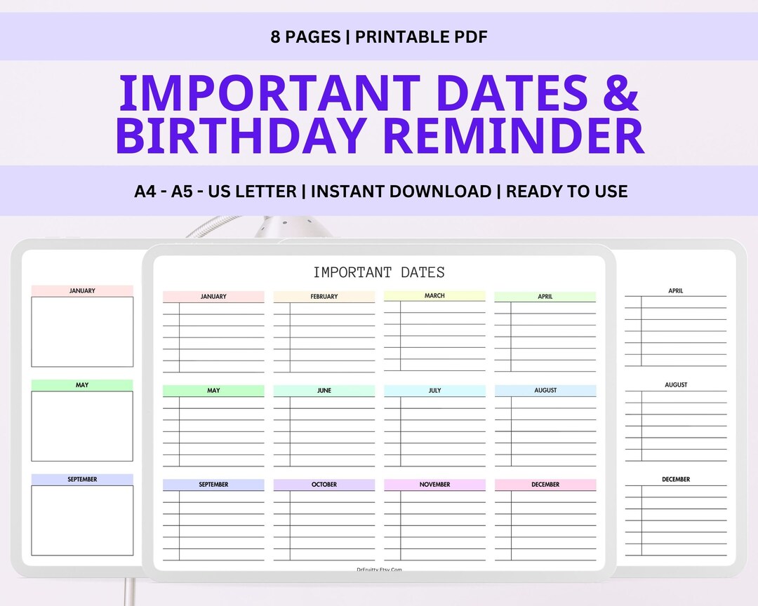 Important Dates Printable, Birthday Tracker, Birthday Log, Yearly ...