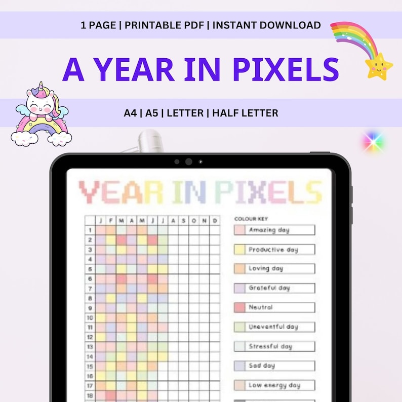 A Year in Pixels Printable, Yearly Mood Tracker Journal, Year in Pixels ...