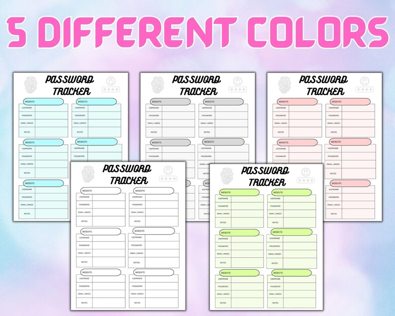 Password Tracker Printable & Fillable PDF, Colourful, Cheap Password ...