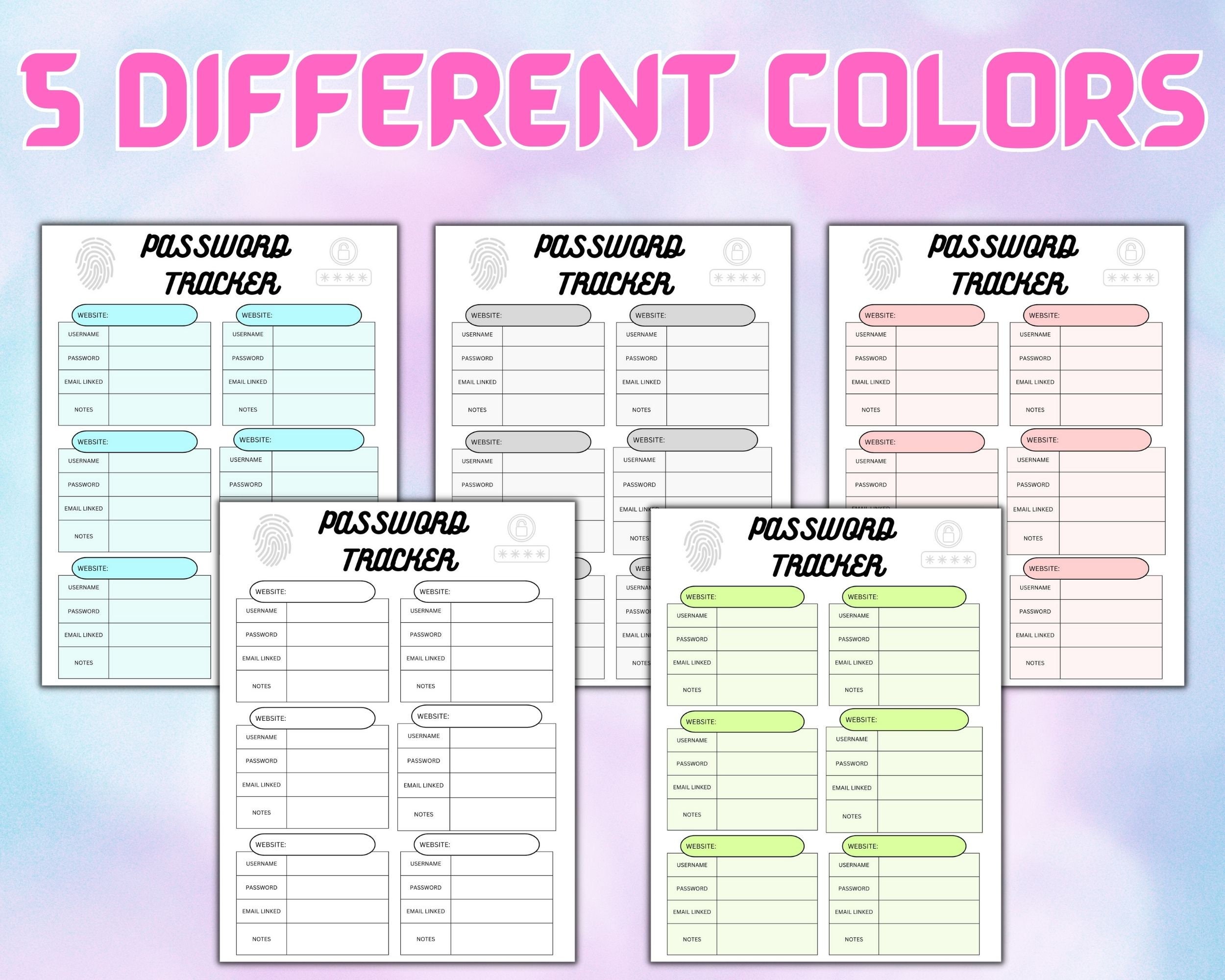 Password Tracker Printable & Fillable PDF, Colourful, Cheap Password ...