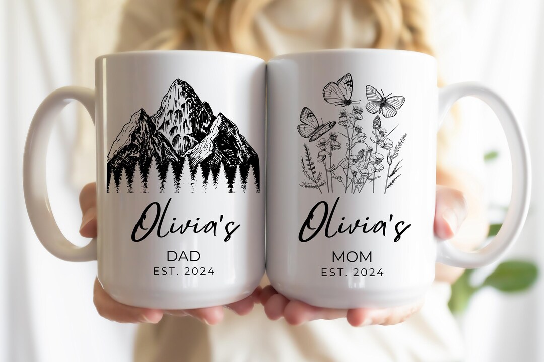New Parent Coffee Mug Set, Mountain and Floral, Personalized Ceramic - Etsy