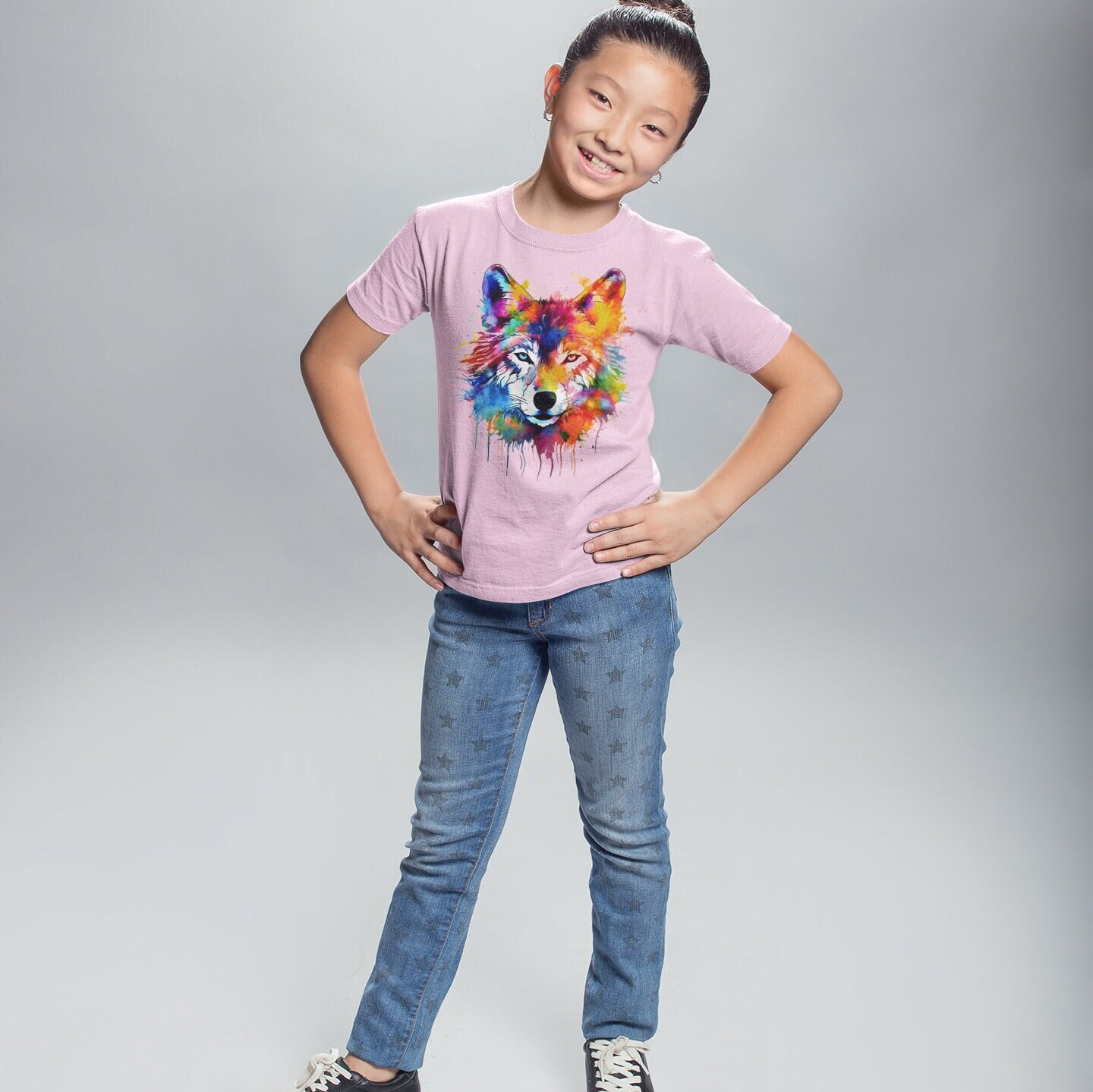 Rainbow Wolf Kids Tee, Fox Dog Colourful T-shirt - Etsy UK