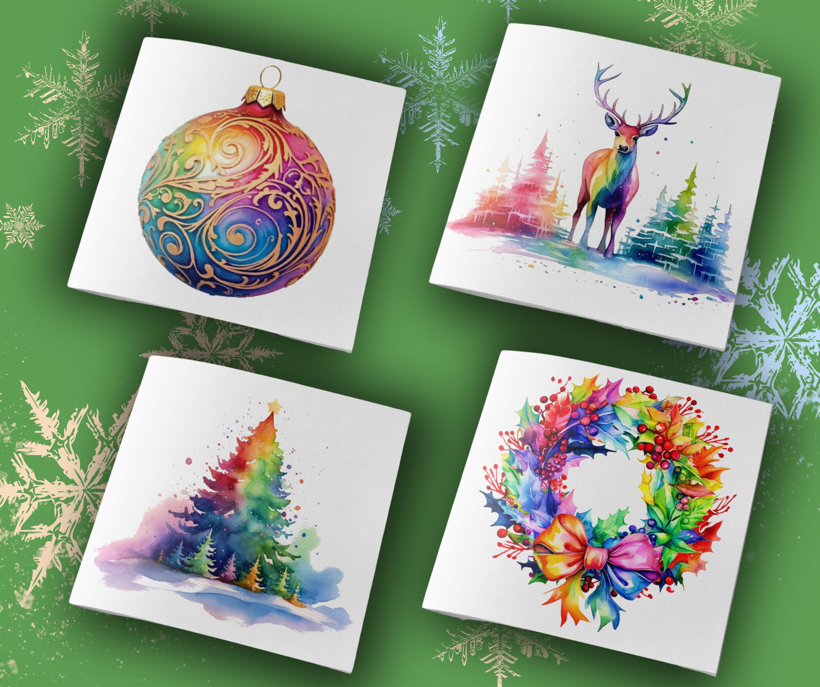 8 Assorted Seasonal Greetings Cards, Colourful Christmas Cards, Rainbow ...