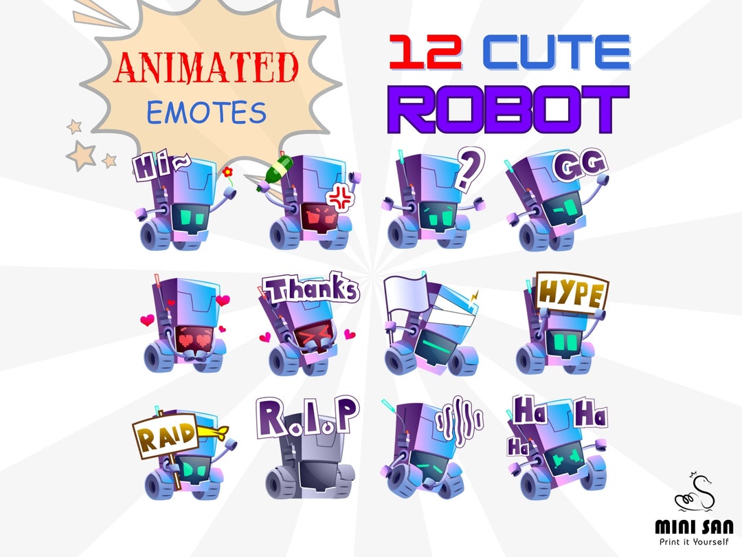 12 Animated Cute Robot Emotes, Lol Emote, Hype Emote, GG Emote, Raid ...