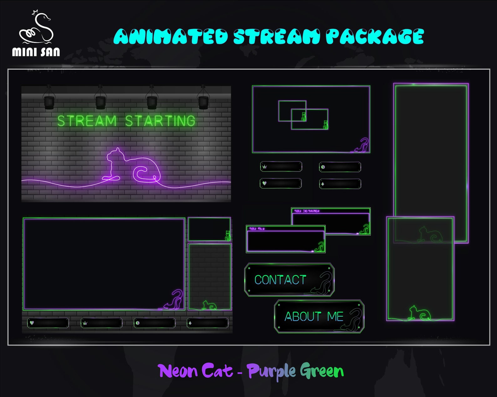 Neon Cat Animated Stream Overlay Bundle, Purple Green Neon Cat Twitch ...
