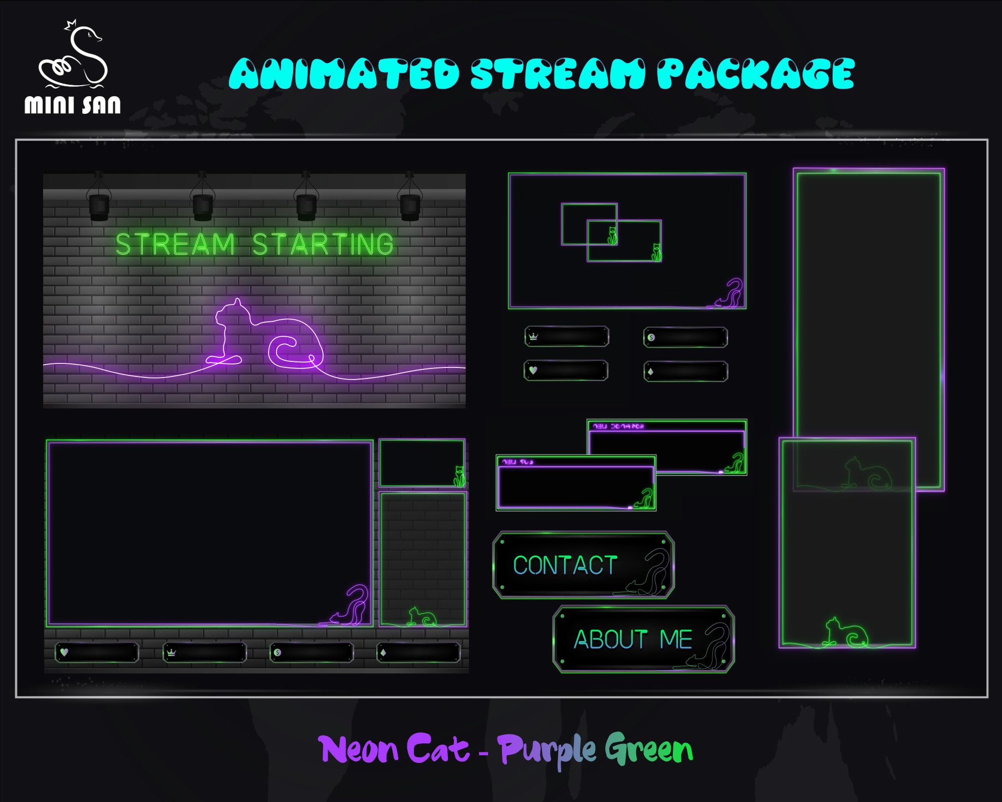 Neon Cat Animated Stream Overlay Bundle, Purple Green Neon Cat Twitch ...