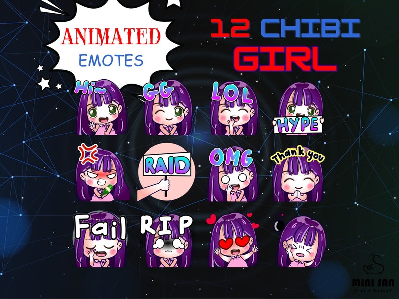 12 Animated Chibi Girl Emotes, Lol Emote, Hype Emote, GG Emote, Raid ...