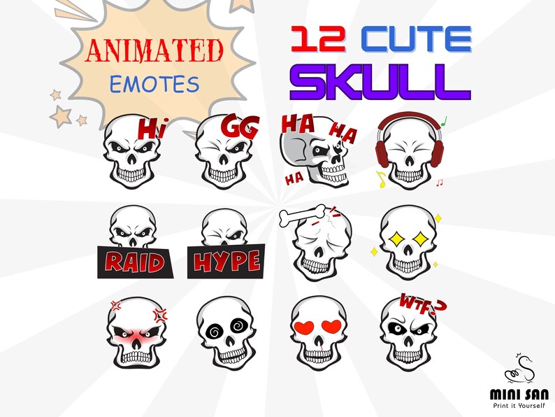 12 Animated Cute Skull Emotes, Lol Emote, Hype Emote, GG Emote, Raid ...