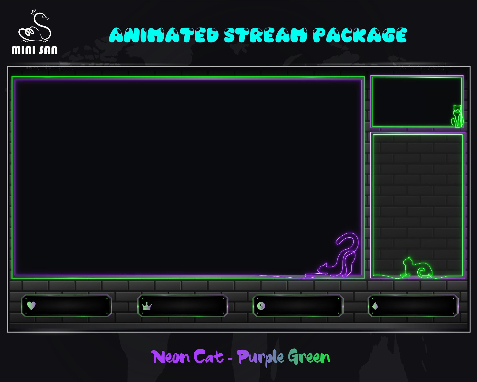 Neon Cat Animated Stream Overlay Bundle, Purple Green Neon Cat Twitch ...