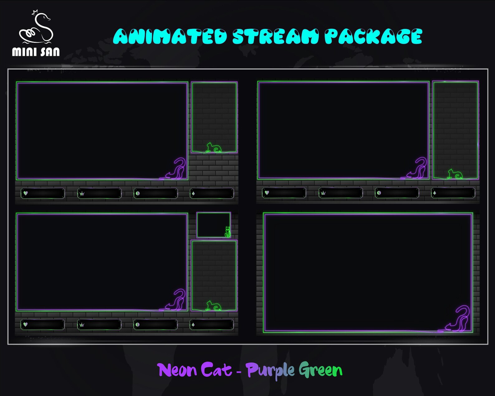 Neon Cat Animated Stream Overlay Bundle, Purple Green Neon Cat Twitch ...