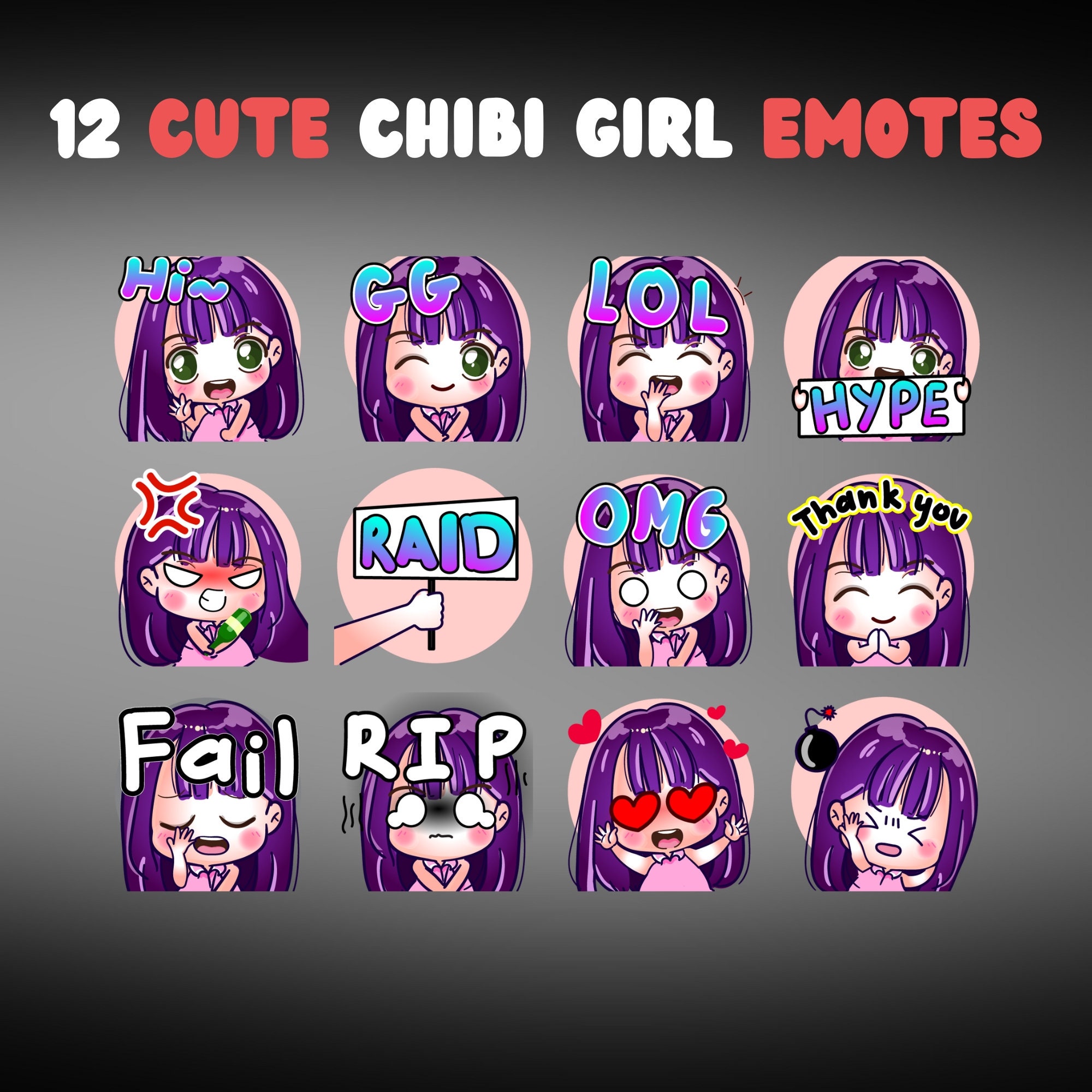 12 Cute Chibi Girl Emotes Pack, Twitch Emotes Pack, Discord Emotes Pack ...