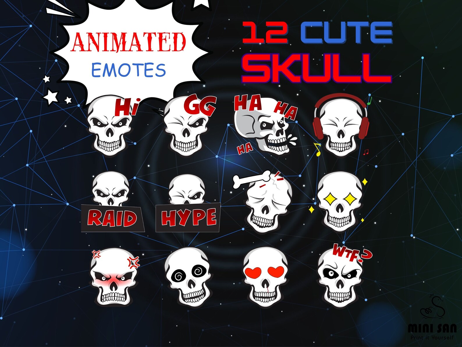 12 Animated Cute Skull Emotes, Lol Emote, Hype Emote, GG Emote, Raid ...