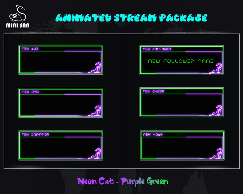 Neon Cat Animated Stream Overlay Bundle, Purple Green Neon Cat Twitch ...