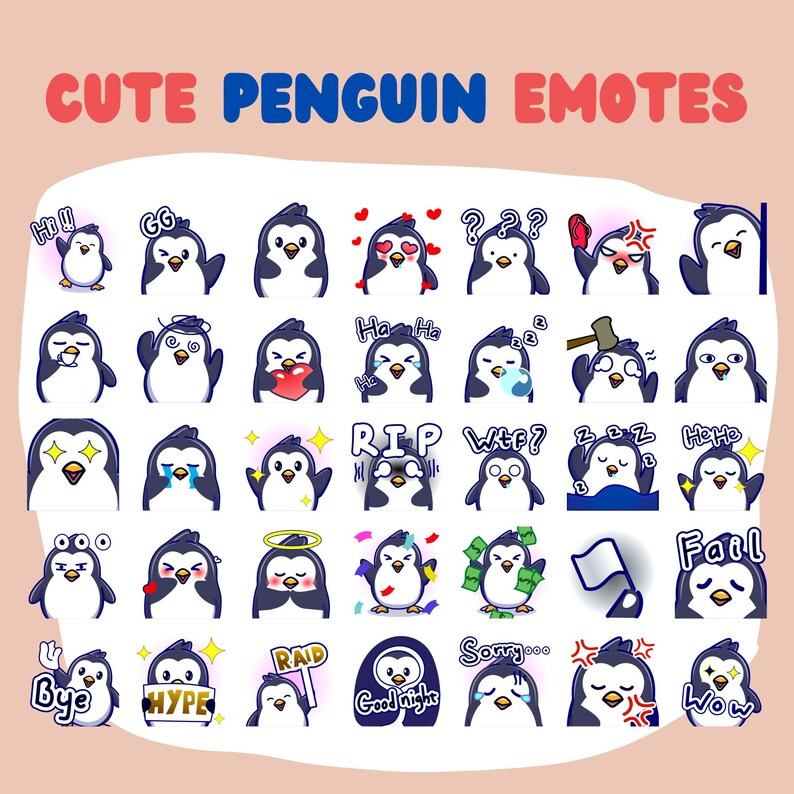 35 Cute Penguin Emotes Pack Twitch Emotes Pack Discord - Etsy