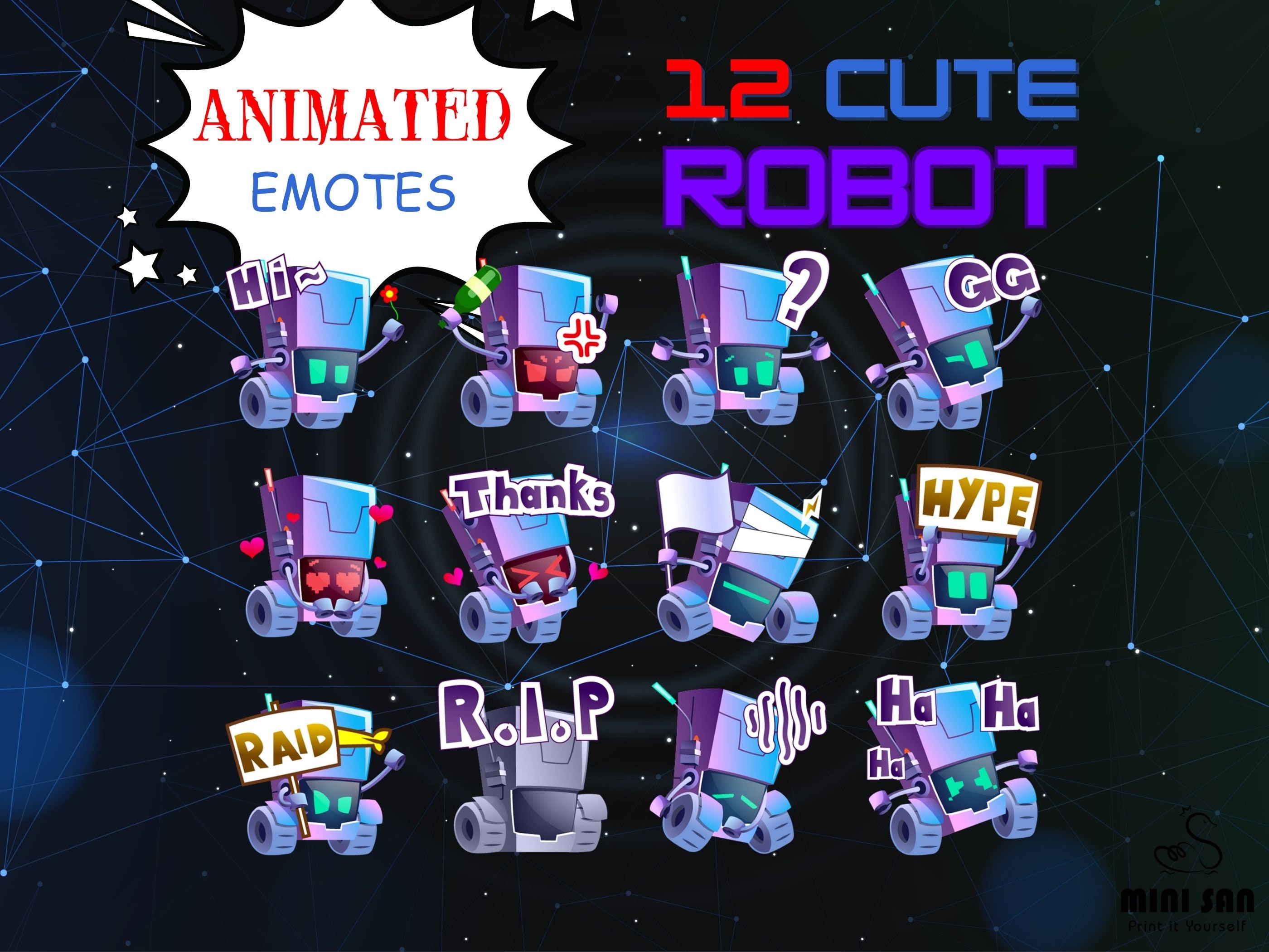 12 Animated Cute Robot Emotes, Lol Emote, Hype Emote, GG Emote, Raid ...