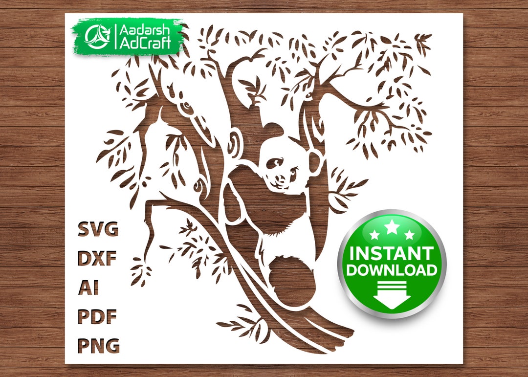 Panda Sitting on Tree Art Stencil, Panda Stencil, SVG, Dxf, Bamboo ...