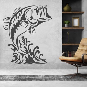 Bass Fish Jumping Stencil Art, Vector Bass Fish Stencil, Sea Creature ...