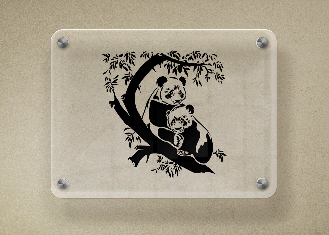 Cute Panda Mother and Cub on Tree Stencil Art, Panda Cub Stencil, Panda ...