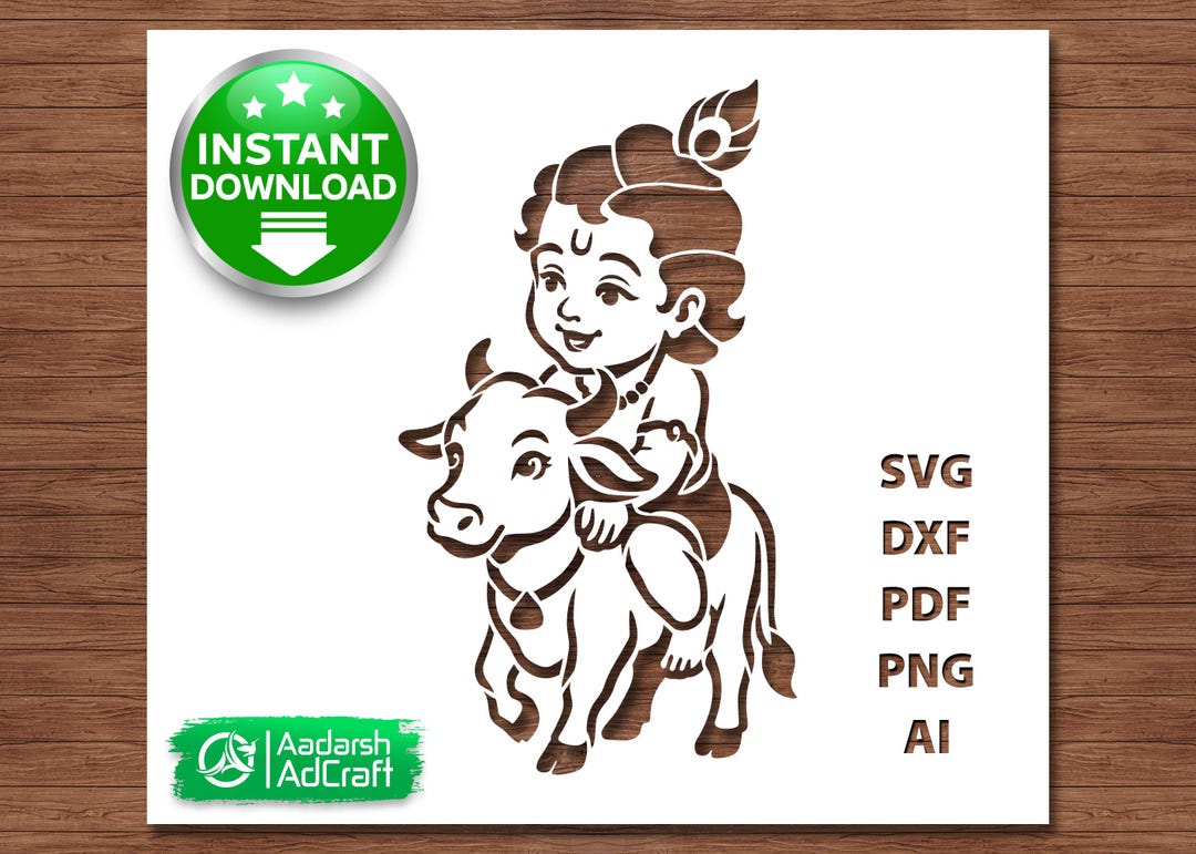 Bal Krishna With Cow Stencil | Hindu God SVG Template, Janmashtami ...