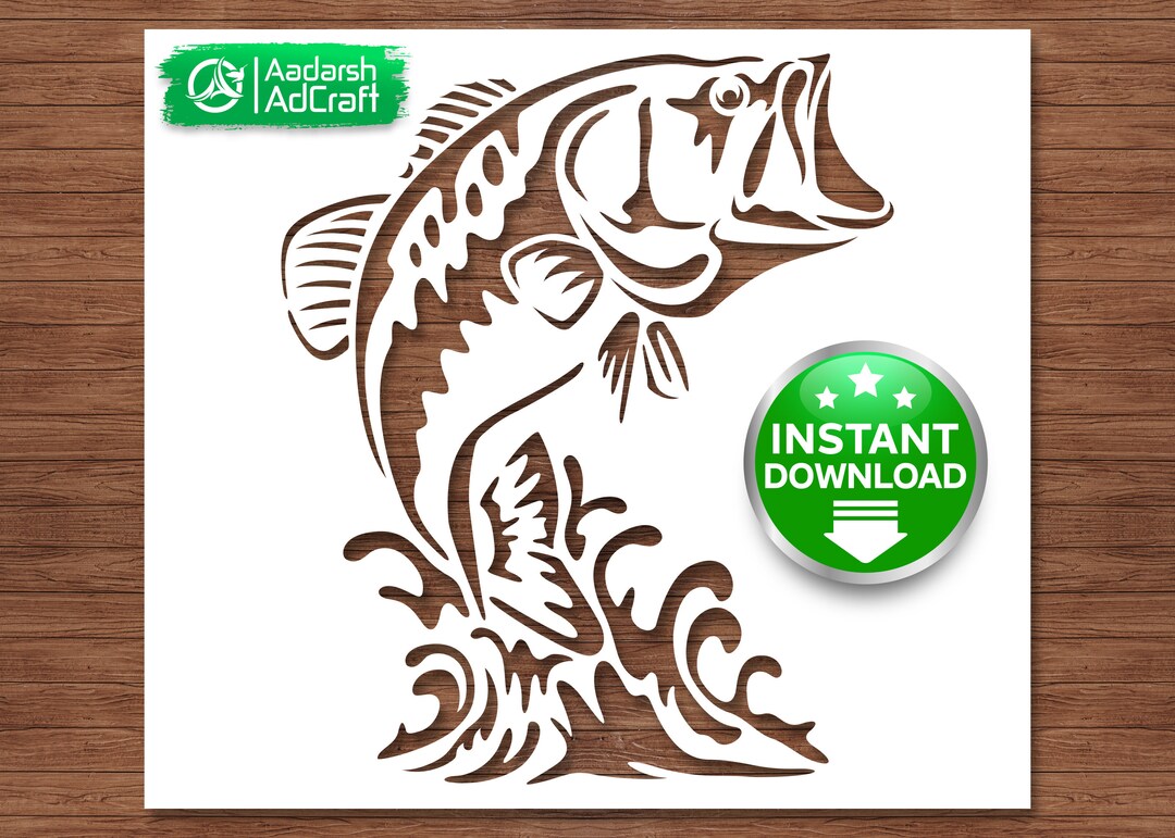 Bass Fish Jumping Stencil Art, Vector Bass Fish Stencil, Sea Creature ...