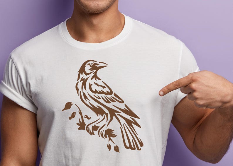 Raven Crow Sitting on Branch Stencil SVG, Gothic Bird Template for DIY ...
