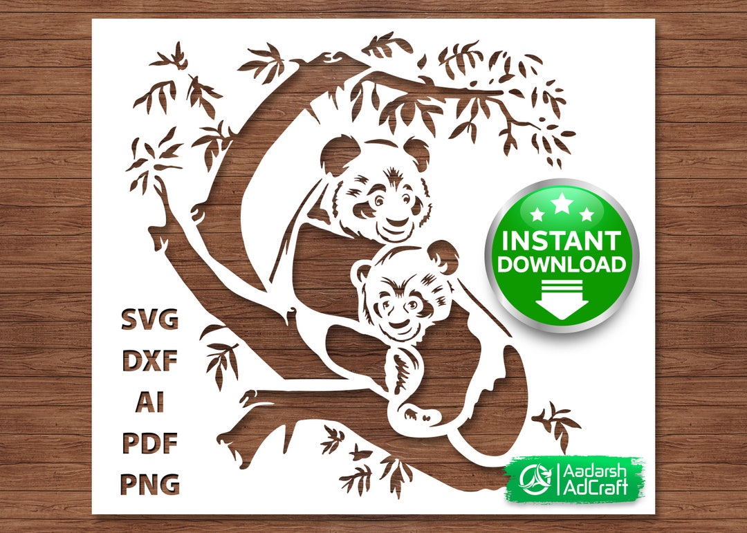 Cute Panda Mother and Cub on Tree Stencil Art, Panda Cub Stencil, Panda ...
