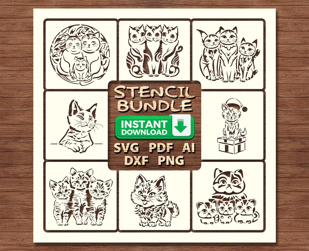 Different Style Cute Cats Stencil Art Bundle, Vector SVG, Dxf, Feline ...
