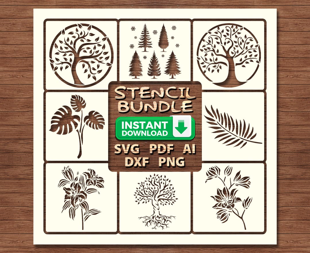 Stencil Bundle of Different Pine Trees Plants and Leaf, Vector SVG, Dxf ...