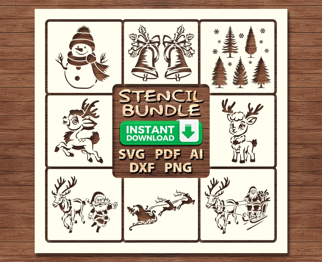 Christmas Stencil Bundle | Santa Sleigh, Reindeer, Snowman, Bells ...