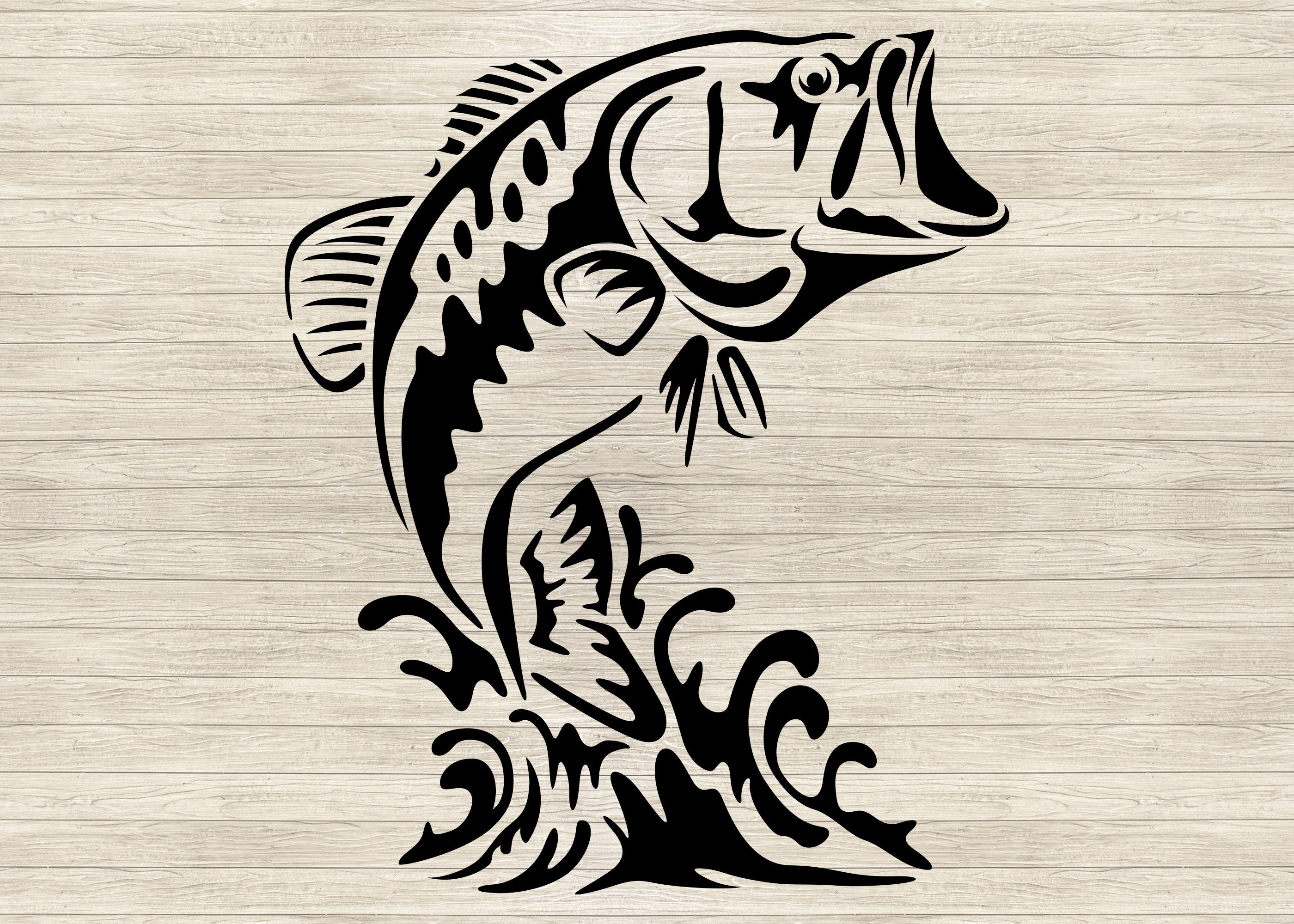 Bass Fish Jumping Stencil Art, Vector Bass Fish Stencil, Sea Creature Art, Aquatic Printable ...