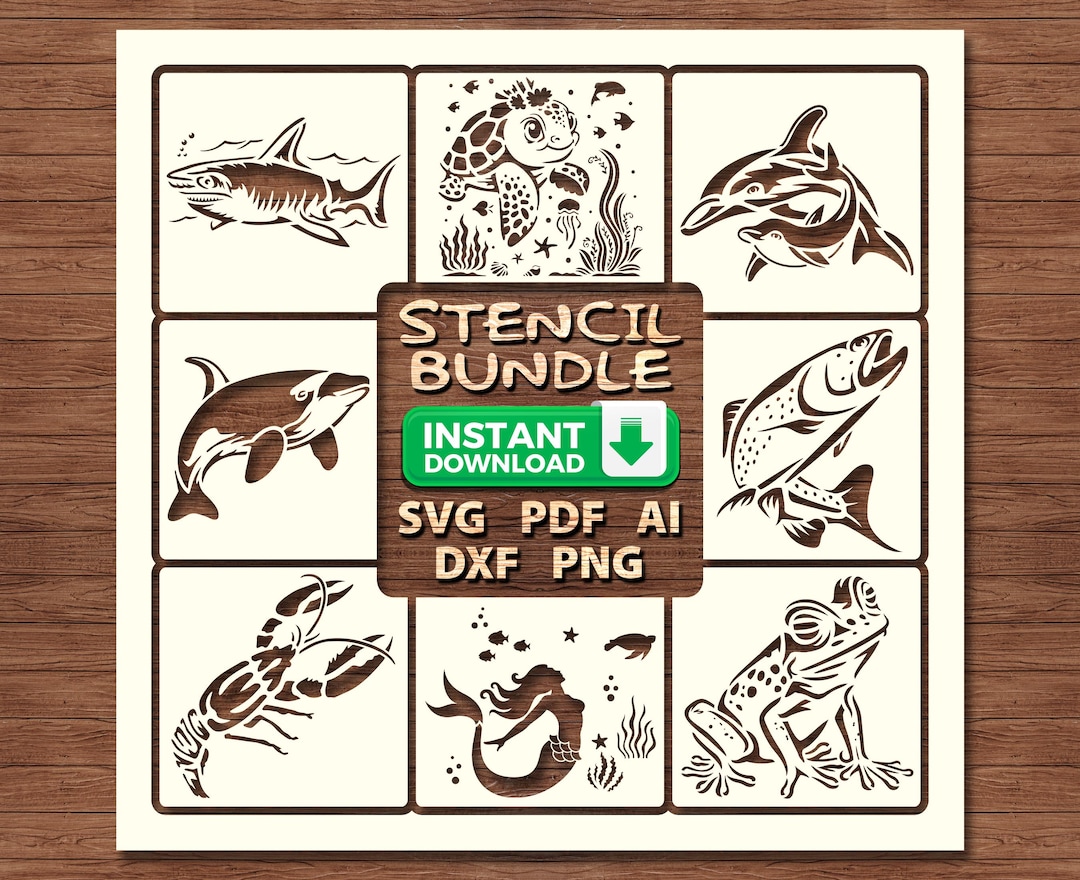 Ocean Creature Stencil Bundle | Dolphin, Shark, Turtle, Mermaid, Fish ...