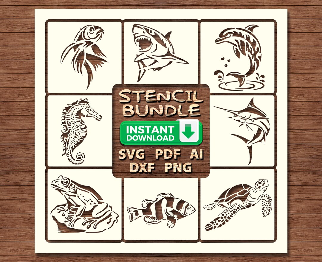 Stencil Bundle of Aquatic Animals Turtle Sea Horse Fishes Frog, Vector ...