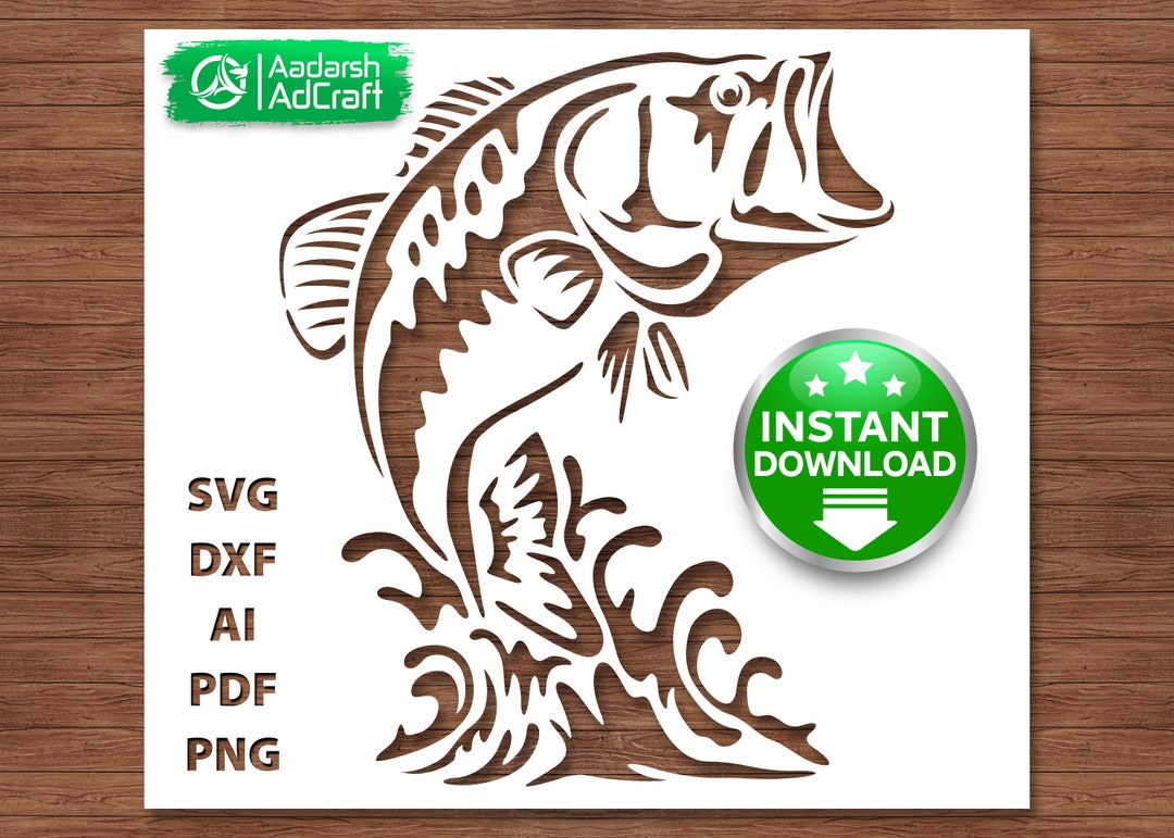 Bass Fish Jumping Stencil Art, Vector Bass Fish Stencil, Sea Creature ...