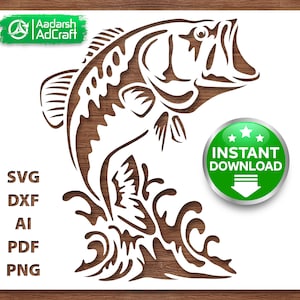 Bass Fish Jumping Stencil Art, Vector Bass Fish Stencil, Sea Creature ...